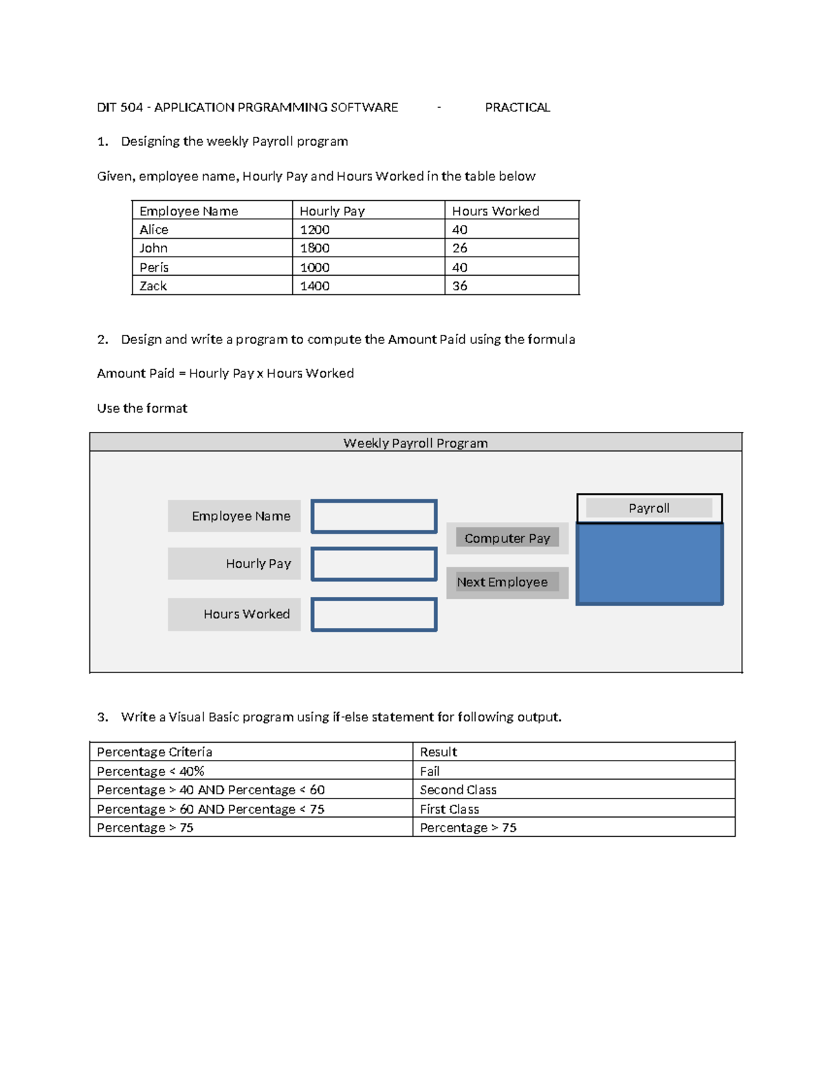 Practical - Questions - DIT 504 - APPLICATION PRGRAMMING SOFTWARE ...