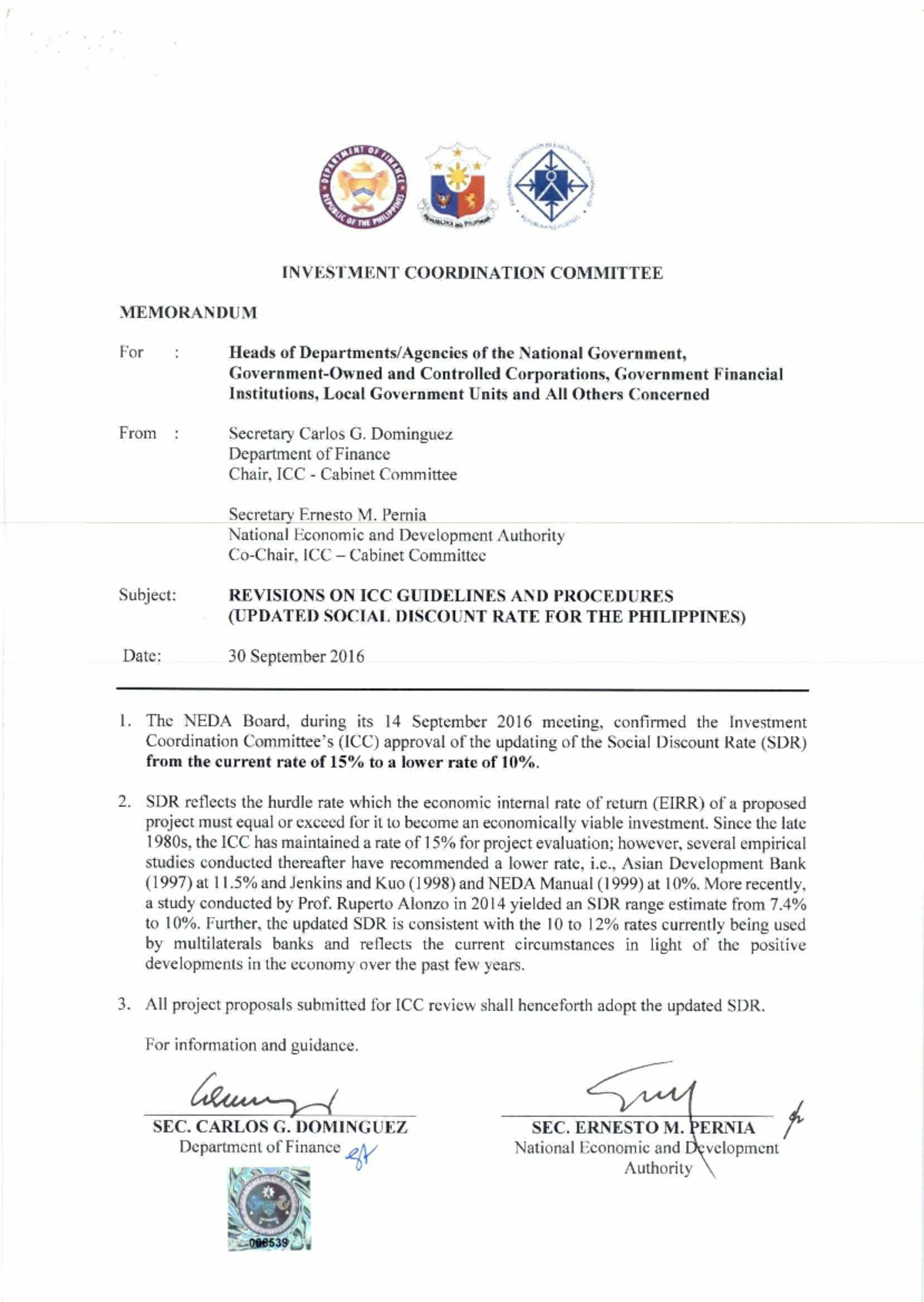 Revisions on ICC Guidelines and Procedures Updated Social Discount Rate ...