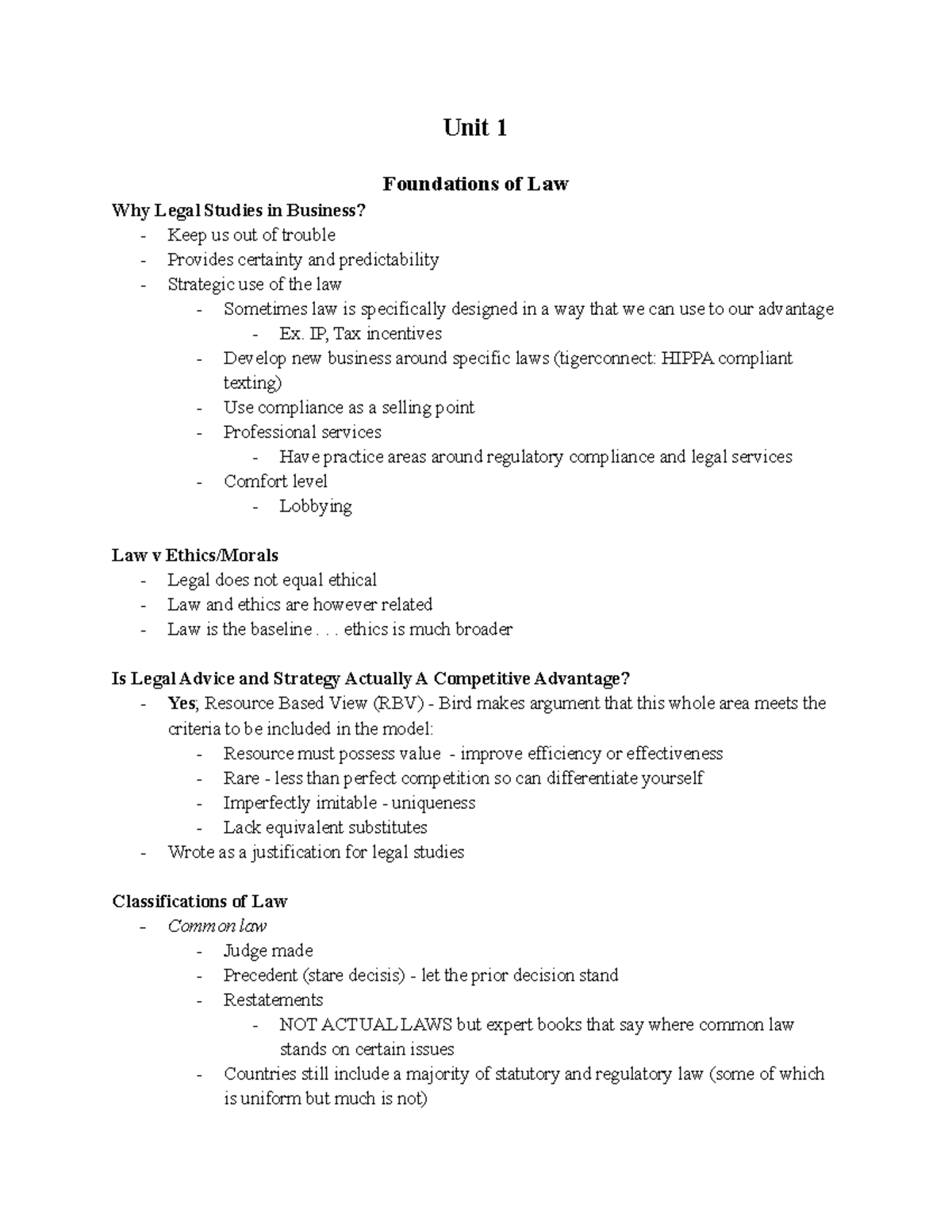 LEGL 4400 Unit 1 - lecture notes for all of test 1 - Unit 1 Foundations ...