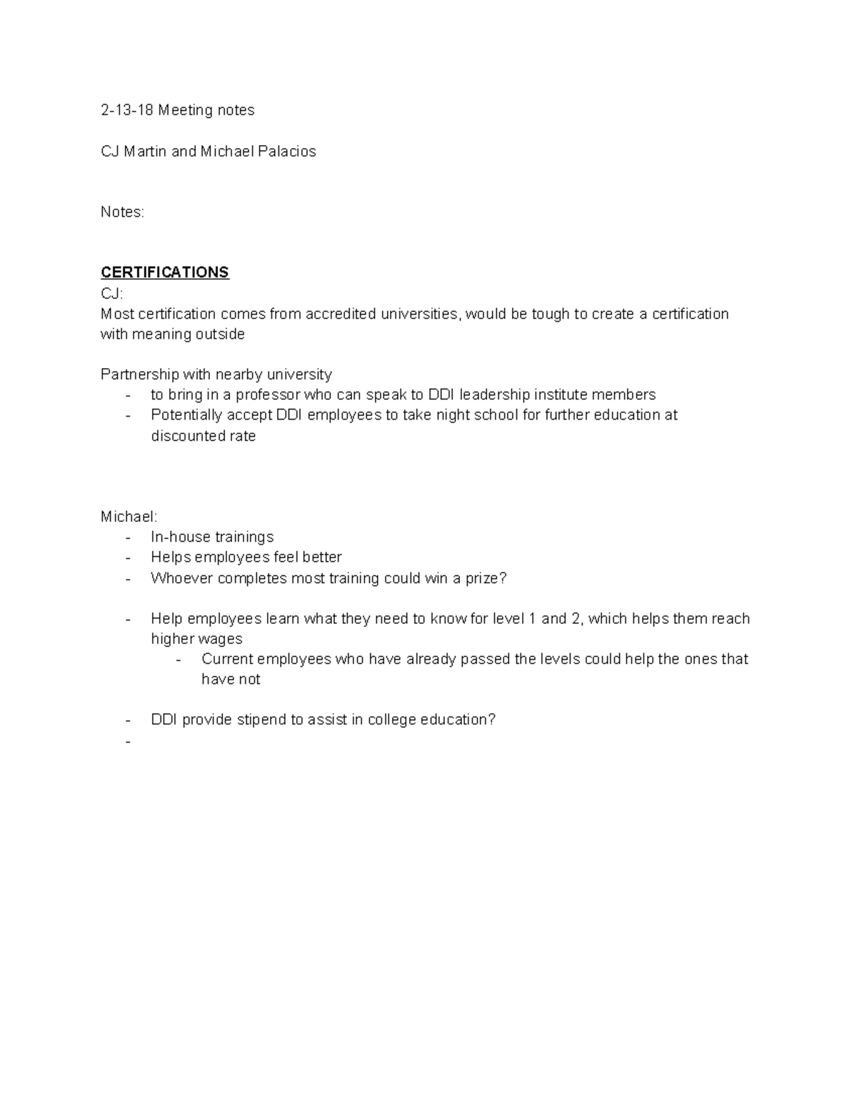 2-13-18 Meeting notes - 2-13-18 Meeting notes CJ Martin and Michael ...