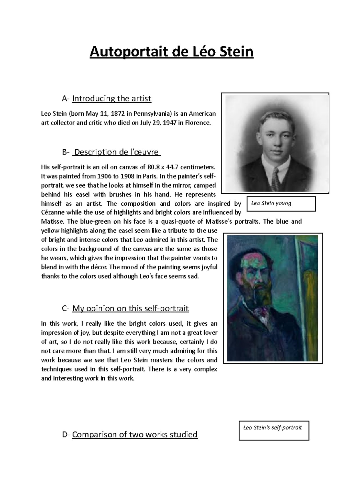 Autoportrait by Léo Stein - Autoportait de Léo Stein A- Introducing the ...