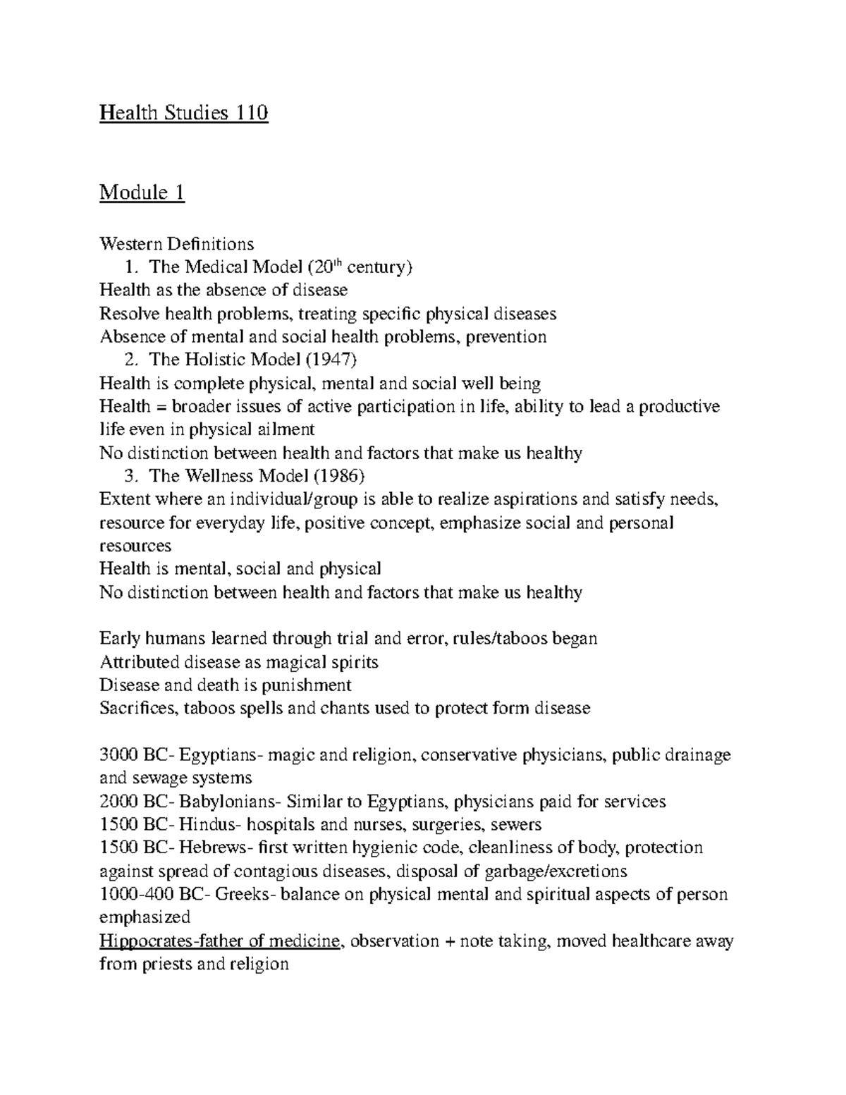 Health Studies 110 - first half of the term - Health Studies 110 Module ...