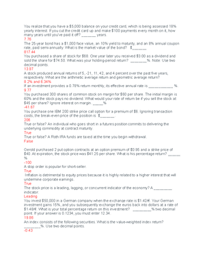 IA- Exam 1 Cheat Sheet - Risk Premium- A Higher rate of return you can ...