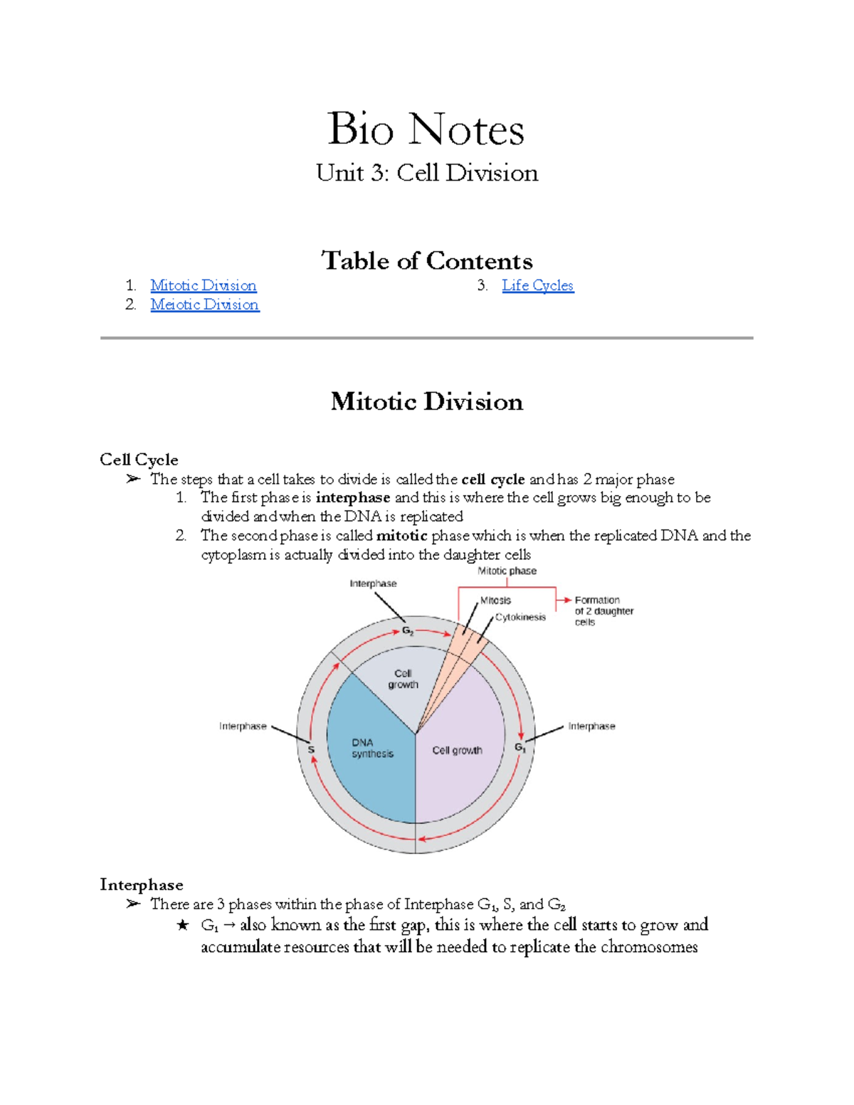 Bio Notes - Unit 3 - Bio Notes Unit 3: Cell Division Table of Contents ...