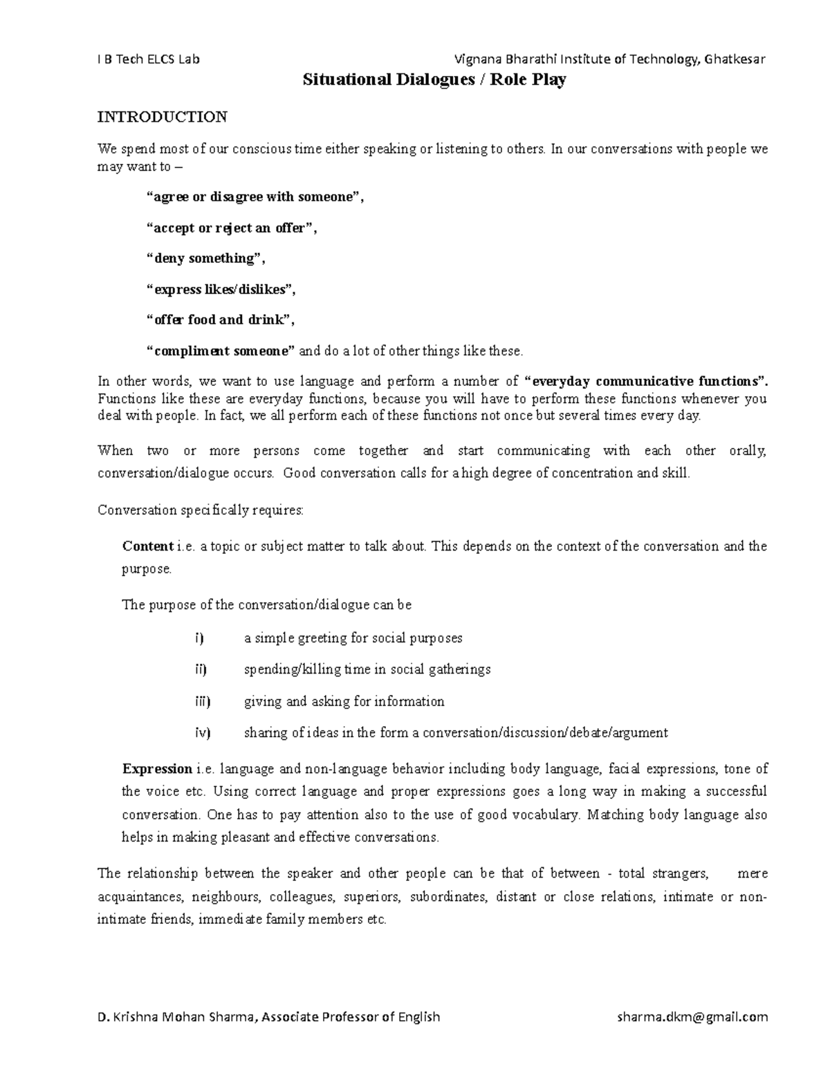 Dialogue-1 - sdfgbn - Situational Dialogues / Role Play INTRODUCTION We ...