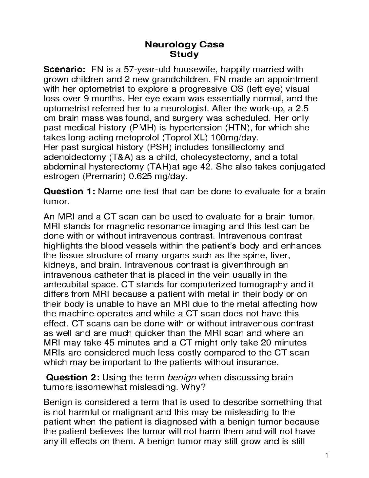 Neurology Case Study - Neurology Case Study Scenario: FN is a 57-year ...
