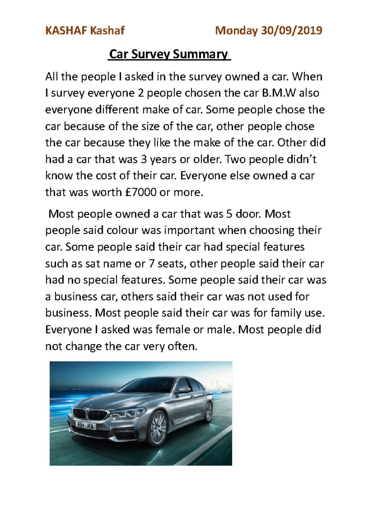 Car Survey Summary - basic English explanation - KASHAF Kashaf Monday ...