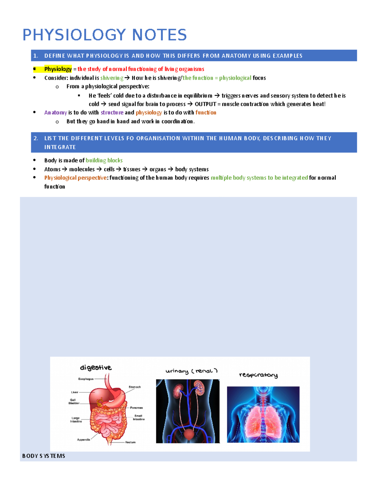 MEDS2001 (Week 1-8) - PHYSIOLOGY NOTES 1. DEFINE WHAT PHYSIOLOGY IS AND ...