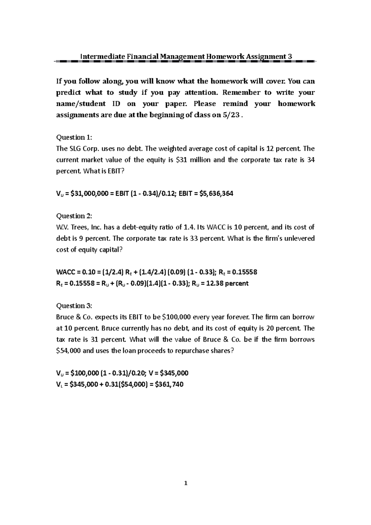 Homework Assignment 3 Answer - Intermediate Financial Management ...