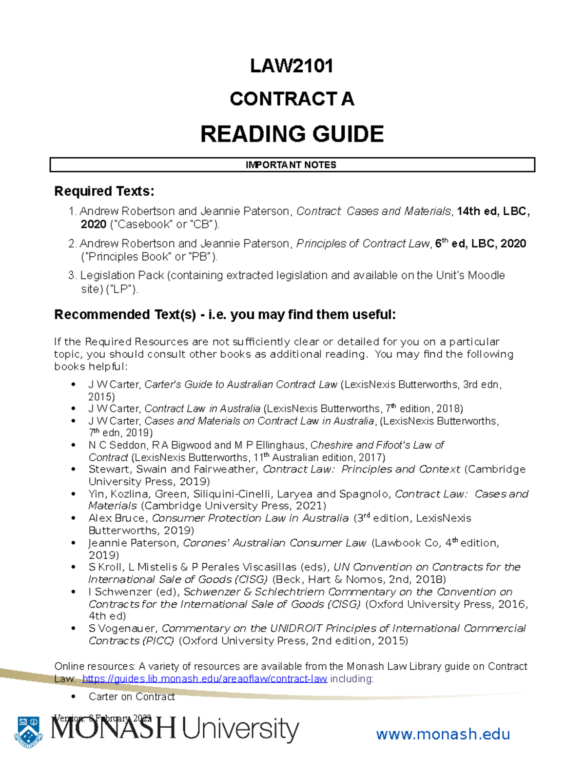 Reading Guide contracts - monash LAW CONTRACT A READING GUIDE IMPORTANT ...