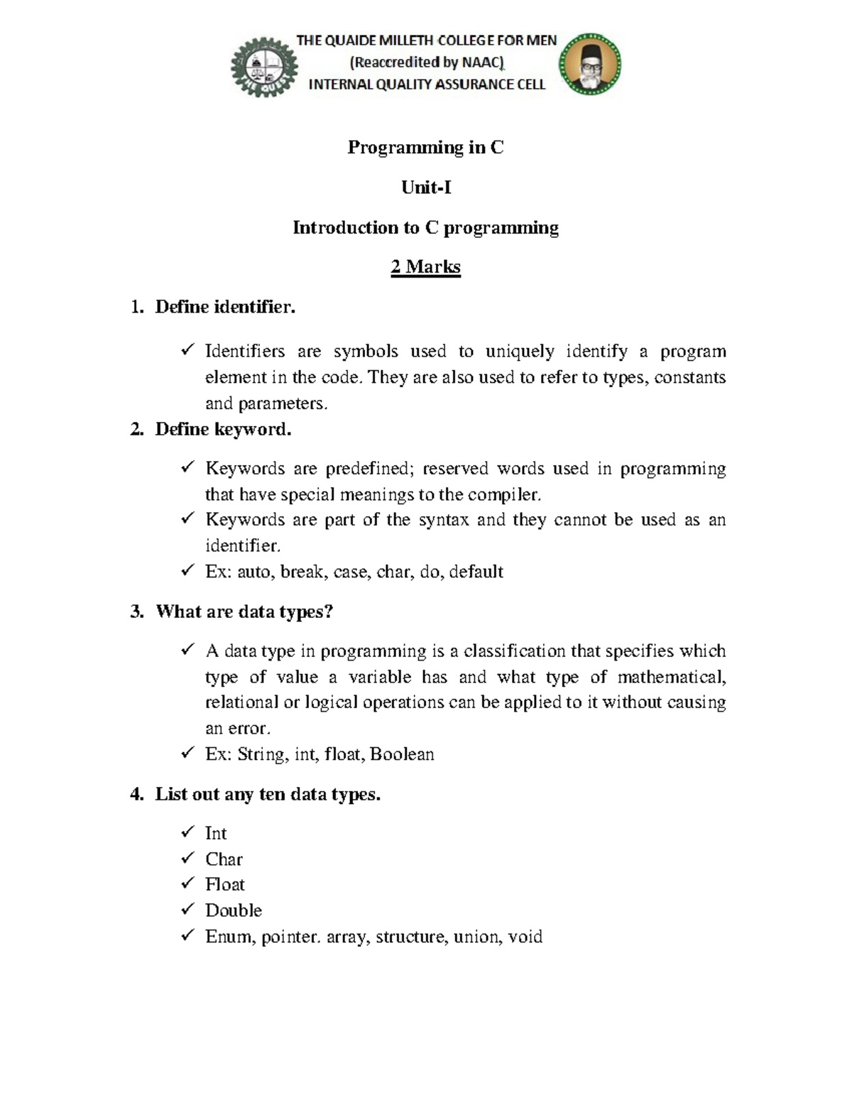 Programming in C SAE1A - C language important questions pdf - Programming in C Unit-I ...