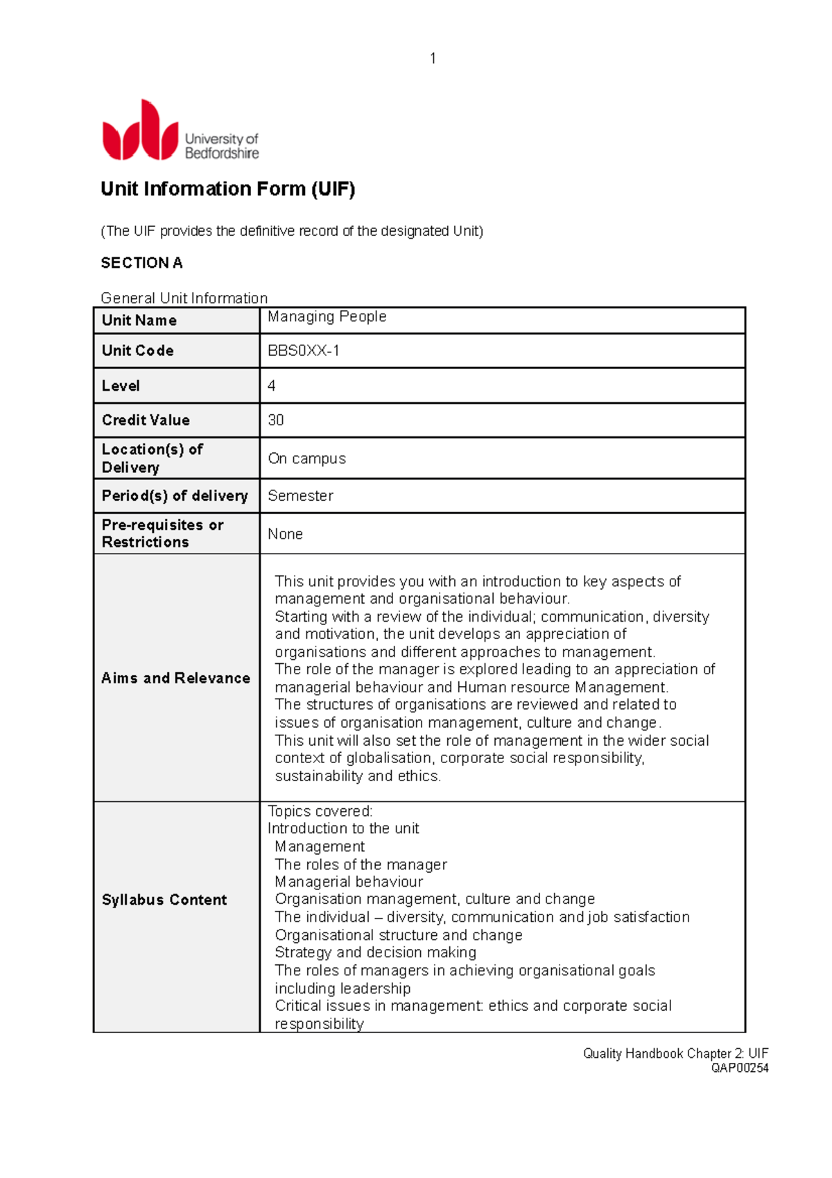 BSS006-1 Managing People - Unit Information Form (UIF) (The UIF ...