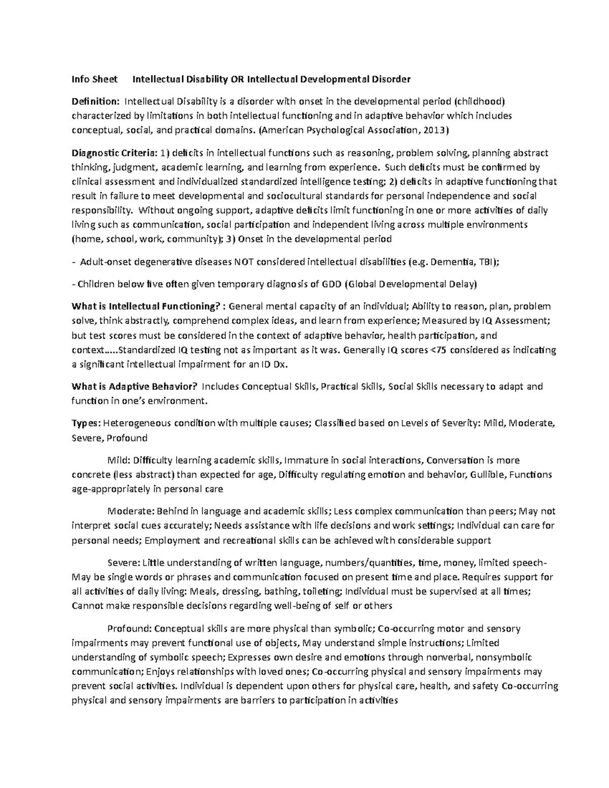 Information Sheet for Intellectual Disabilities-includes everything ...
