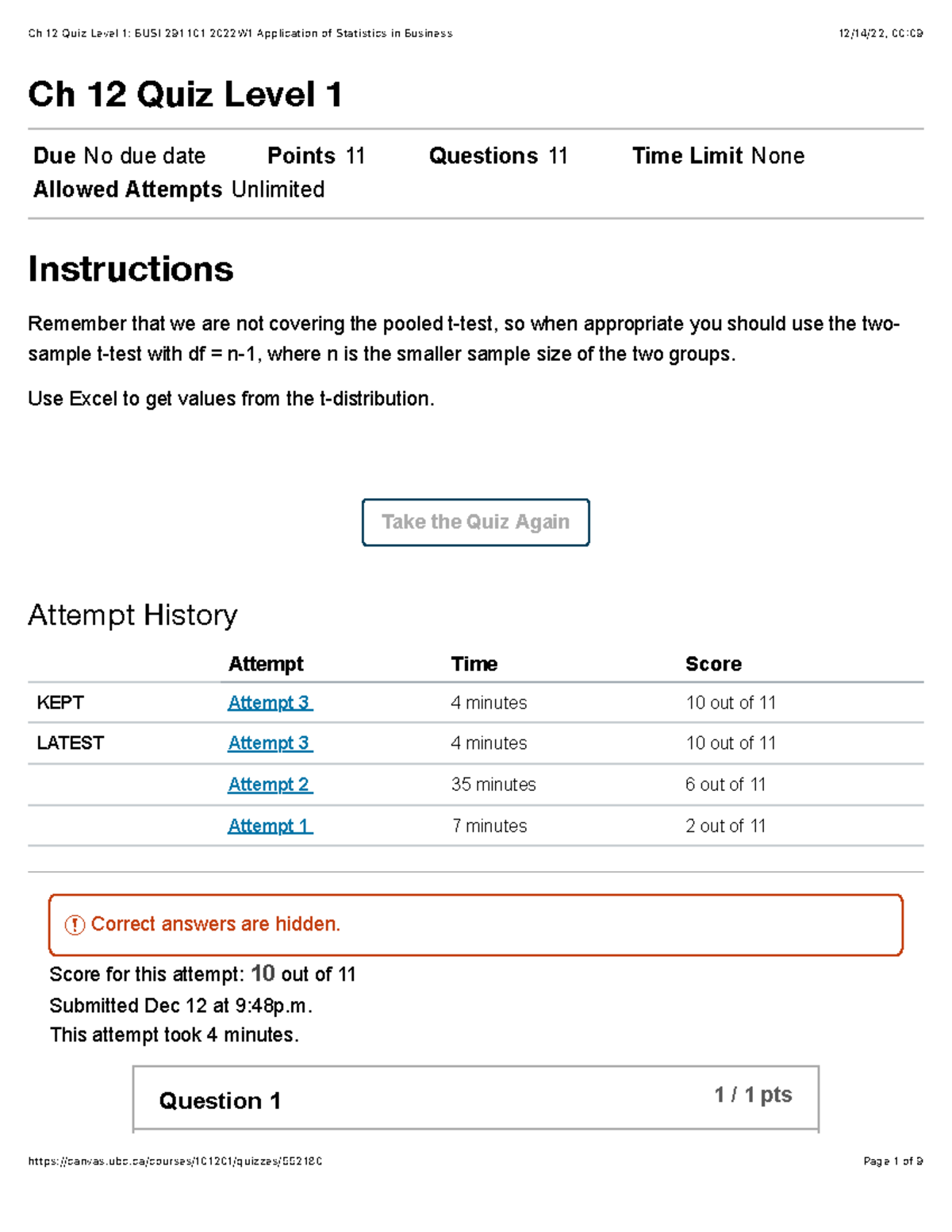 Ch 12 Quiz Level 1 BUSI 291 101 2022W1 Application of Statistics in ...