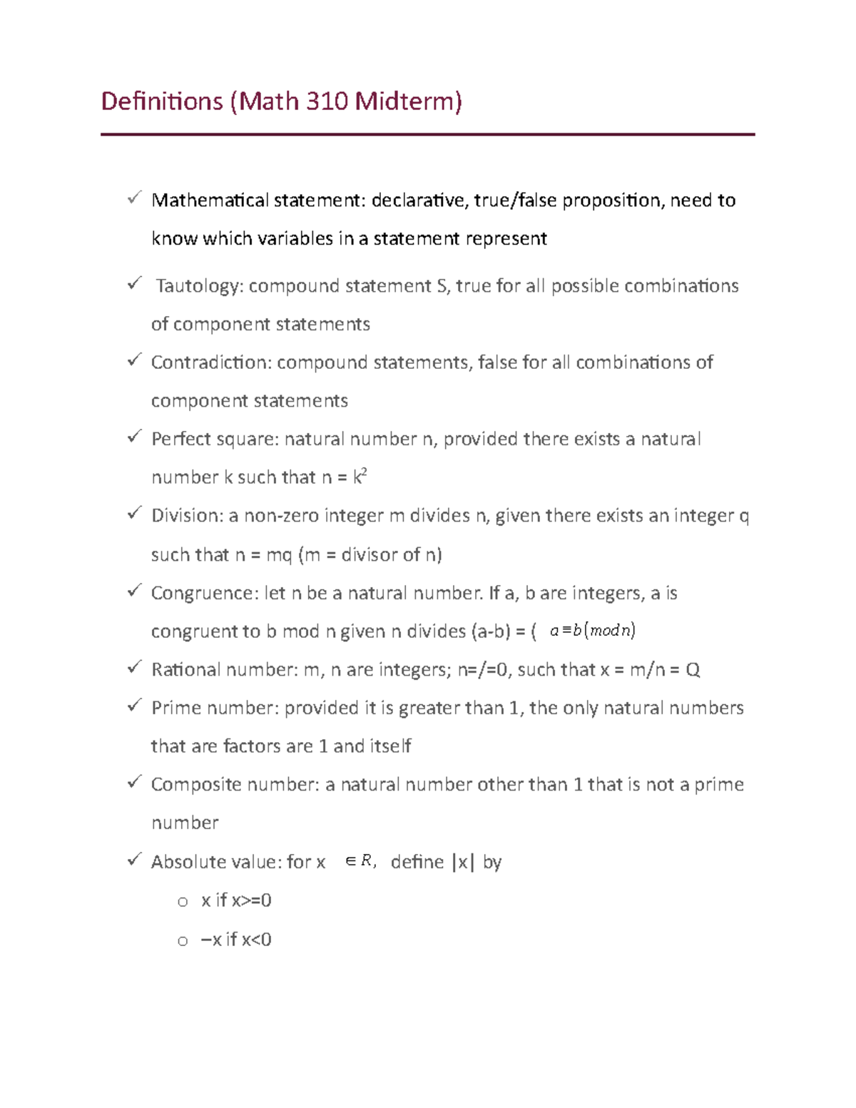 Definitions - Summary Foundations of Higher Mathematics - Definitions ...