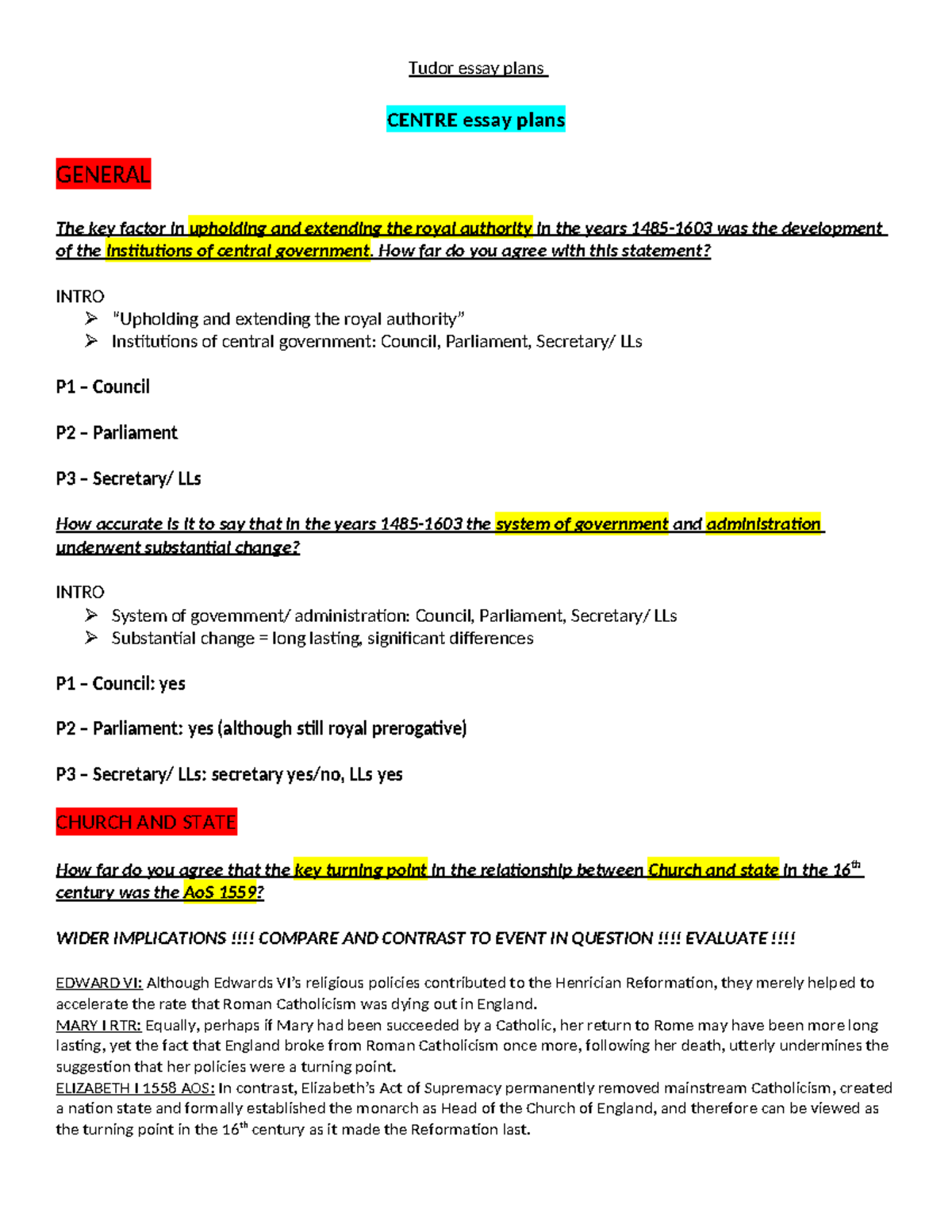 Tudors-essay-plans - essay plans - Tudor essay plans CENTRE essay plans ...