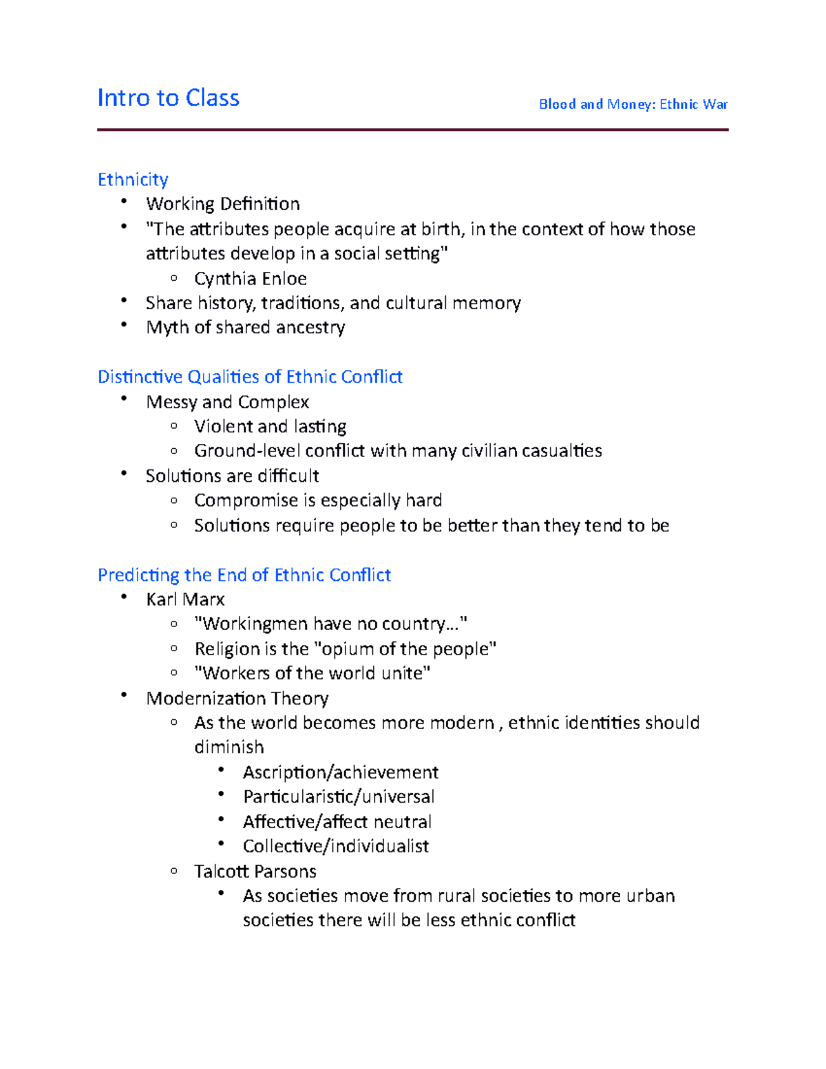 Intro to Class Notes - Intro to Class Blood and Money: Ethnic War ...