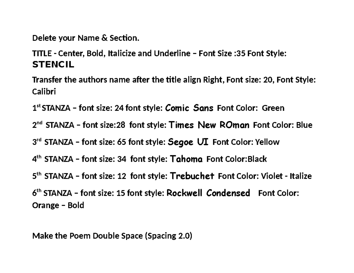 Word activity - Delete your Name & Section. TITLE - Center, Bold ...