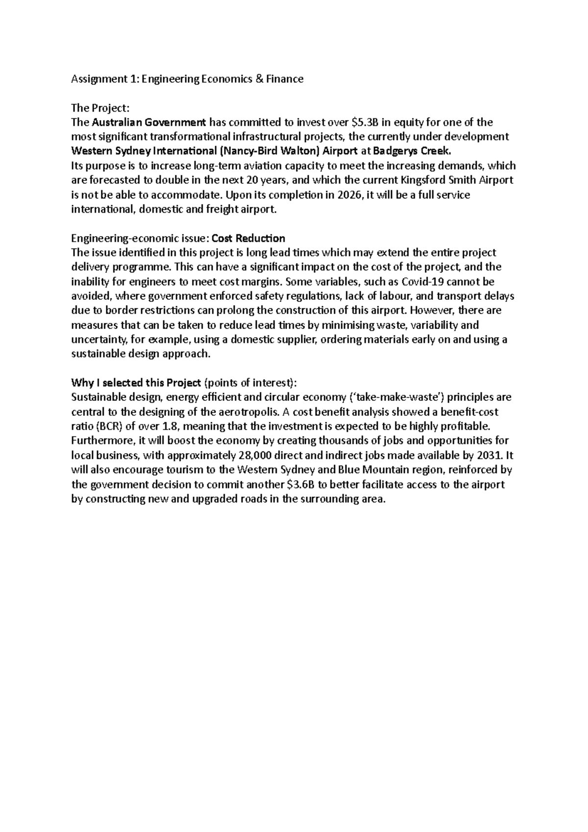 Assignment 1 - Project Economic Evaluation - Assignment 1: Engineering ...