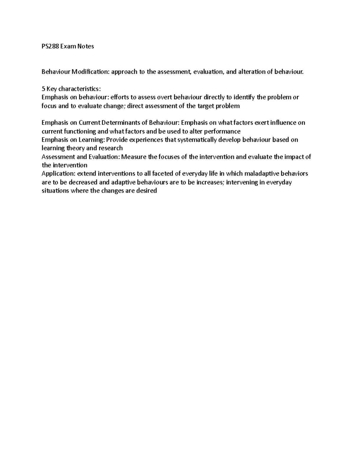 PS288 Exam Notes - PS288 Exam Notes Behaviour Modification: approach to ...