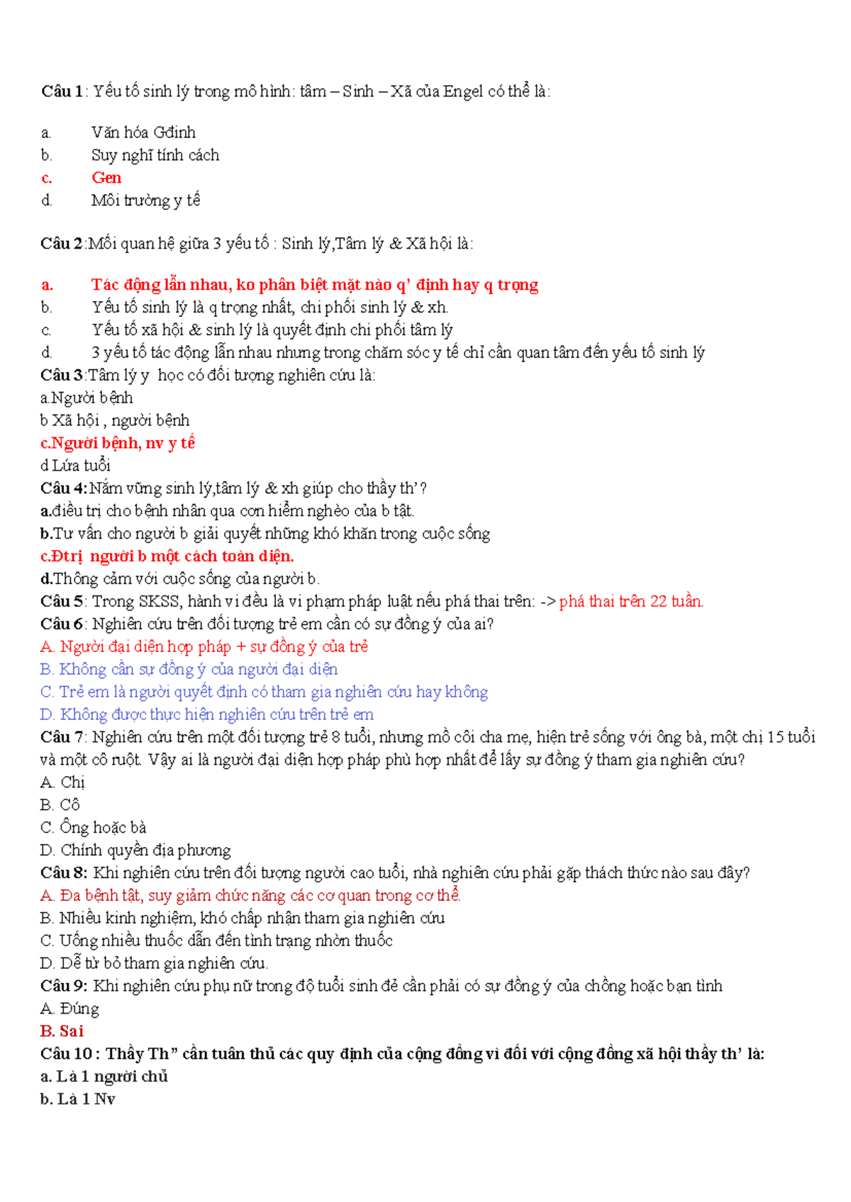 Trac nghiem y duc doc - tài liệu cho ae tham khảo - Câu 1: Yếu tố sinh lý trong mô hình: tâm ...