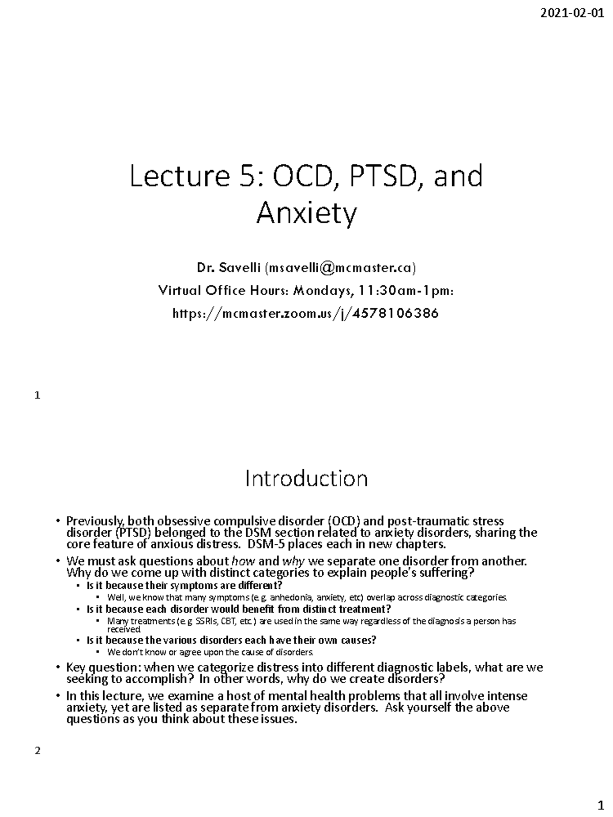 Lecture 5 - OCD and PTSD 2021 TWO Slides - Lecture 5: OCD, PTSD, and ...