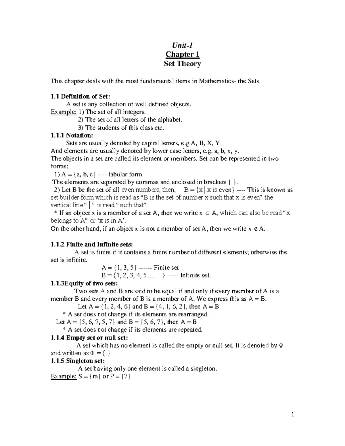 Unit 1 Chapter 1(Set theory ) - Unit- 1 Chapter 1 Set Theory This ...