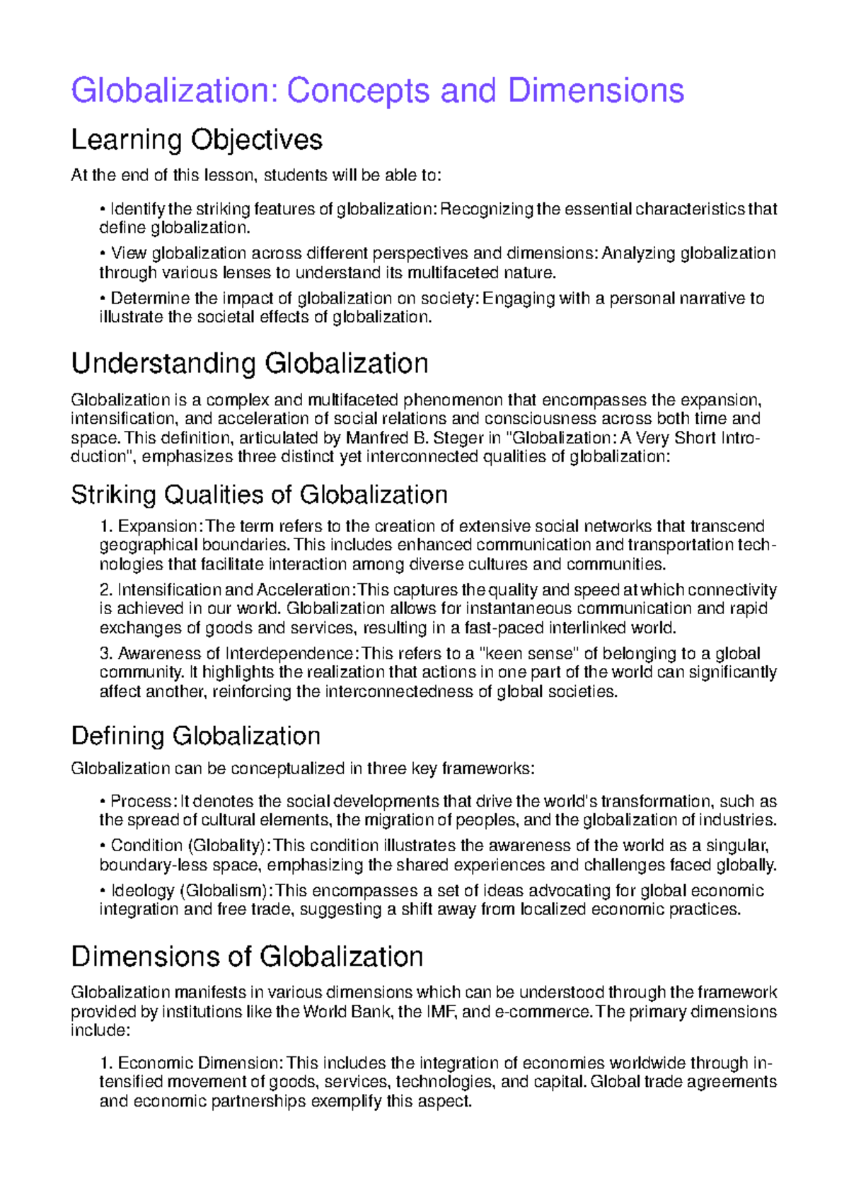 Raena-ai-summary-c3o9ckbzgj - Globalization: Concepts and Dimensions Learning Objectives At the ...