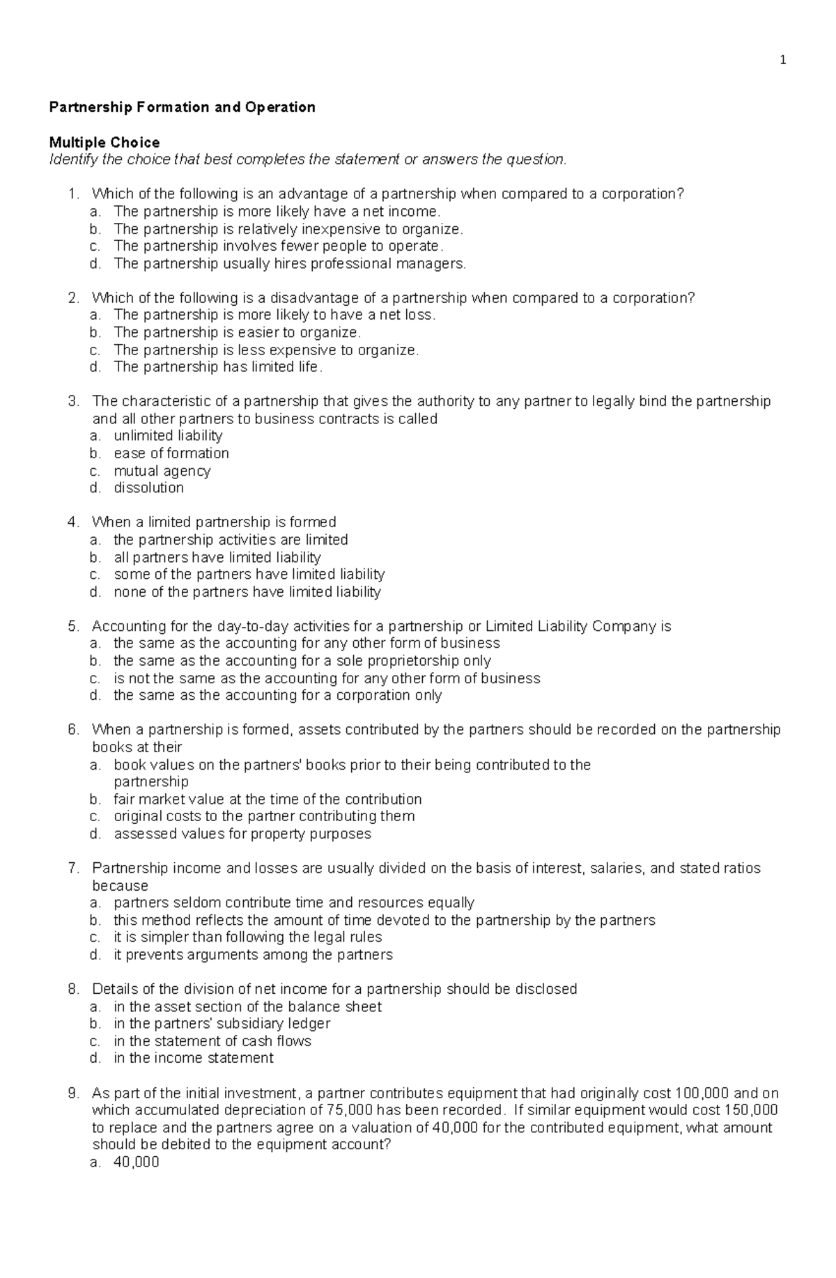 Quiz Partnership Fomation and Operation 1 - 1 Partnership Formation and ...