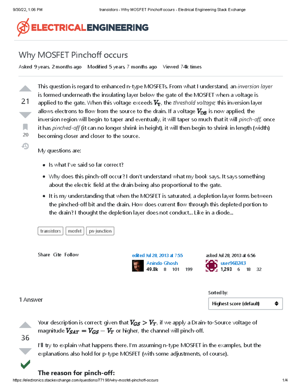 Transistors - Why Mosfet Pinchoff occurs - Why MOSFET Pinchoff occurs Asked 9 years, 2 months ...