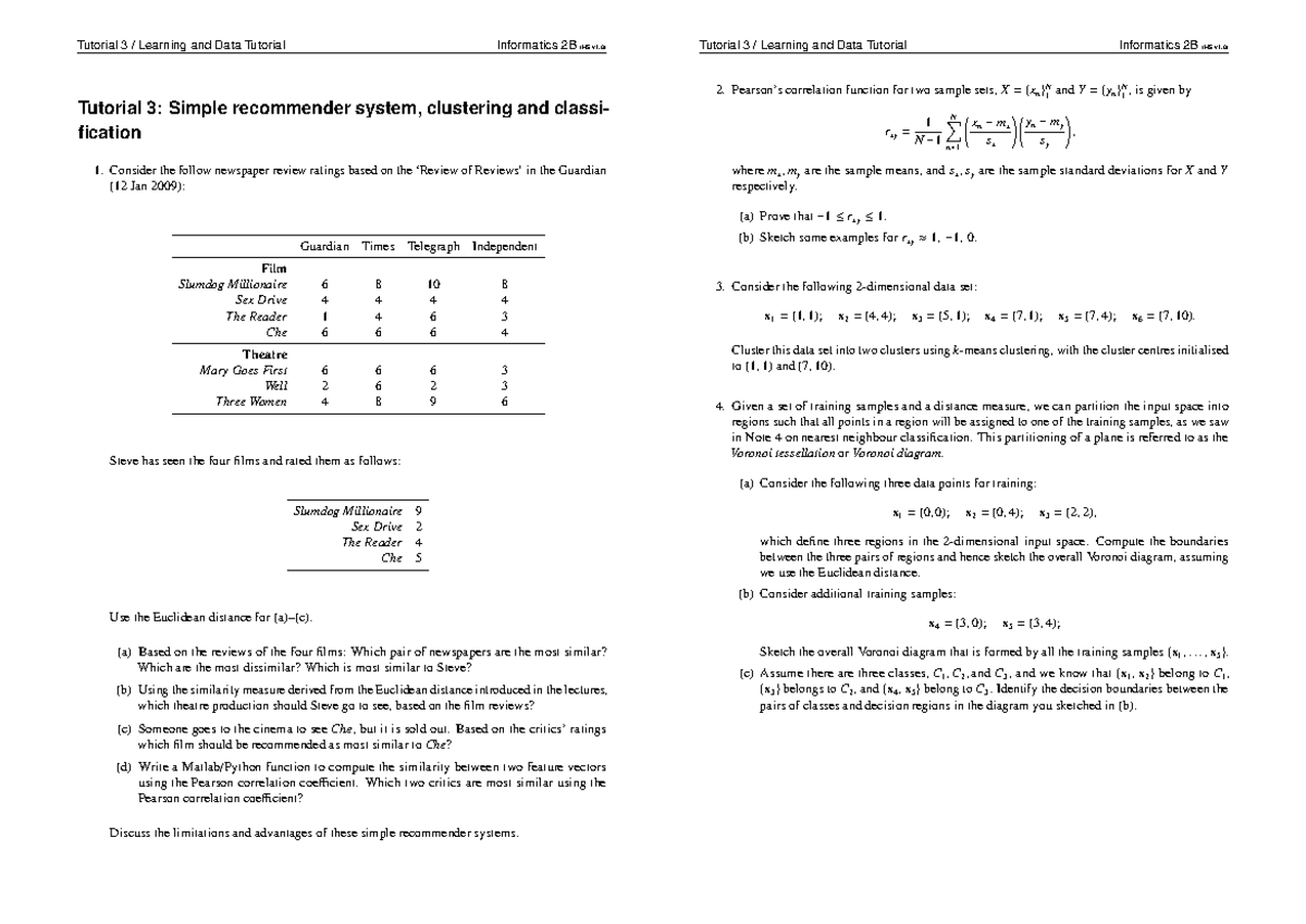 Tutorial 03 Simple Recommender System Clustering And Classification Questions Tutorial 3