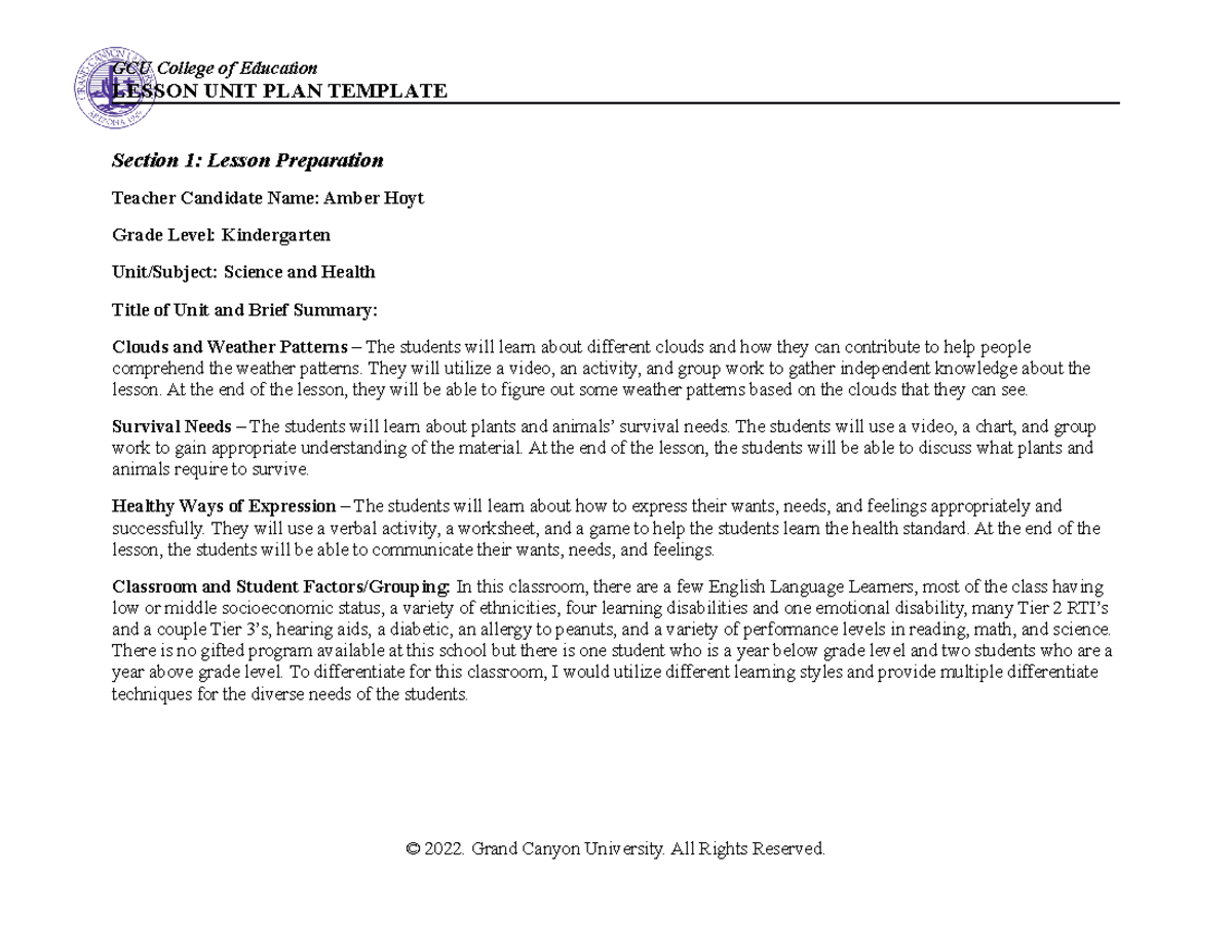 Benchmark - Science Health Unit Plan - GCU College of Education LESSON ...