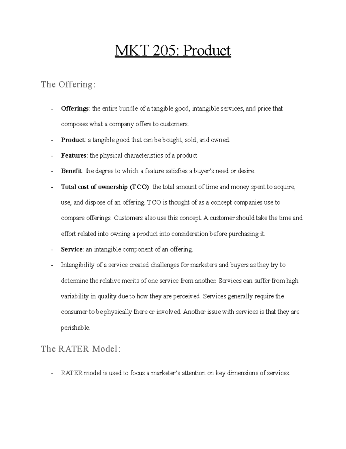 MKT 205 MOD 6 Notes - MKT 205: Product The Offering: Offerings: the ...