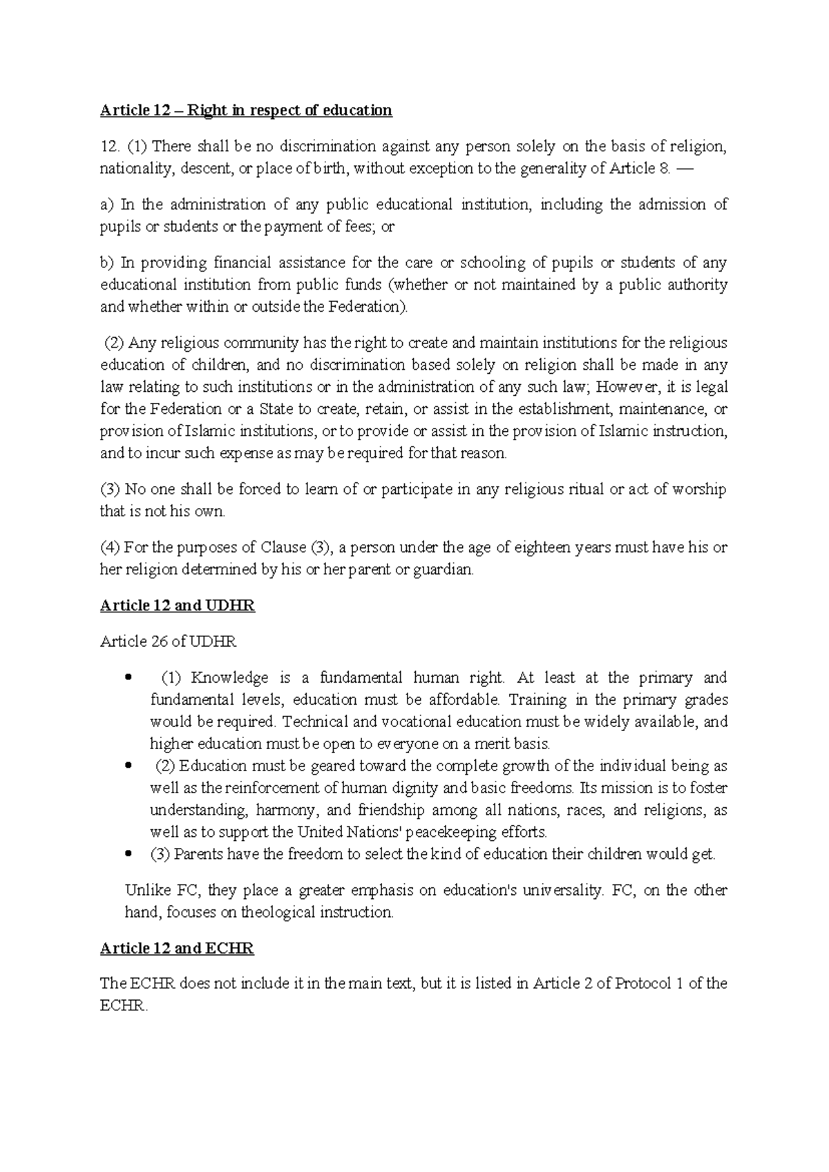Article 12 (paraphrased) - Article 12 – Right in respect of education ...