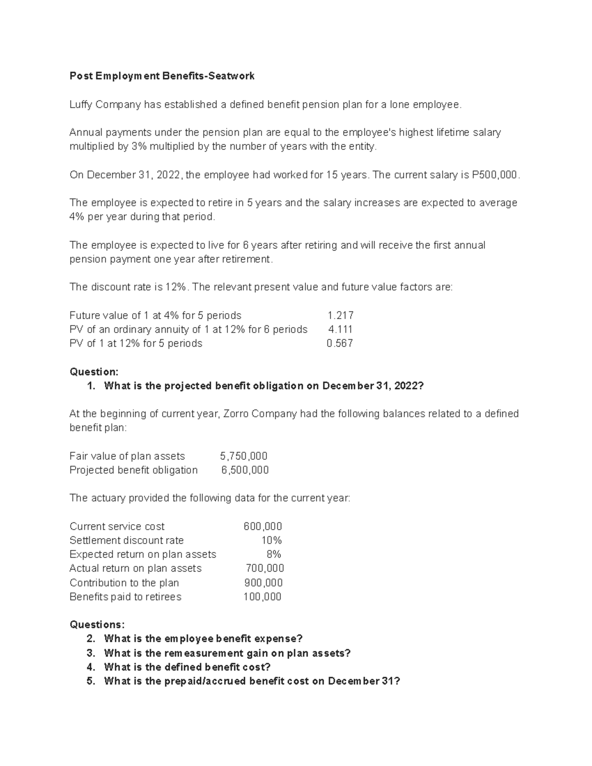Post Employment Benefits-Seatwork - Annual payments under the pension ...