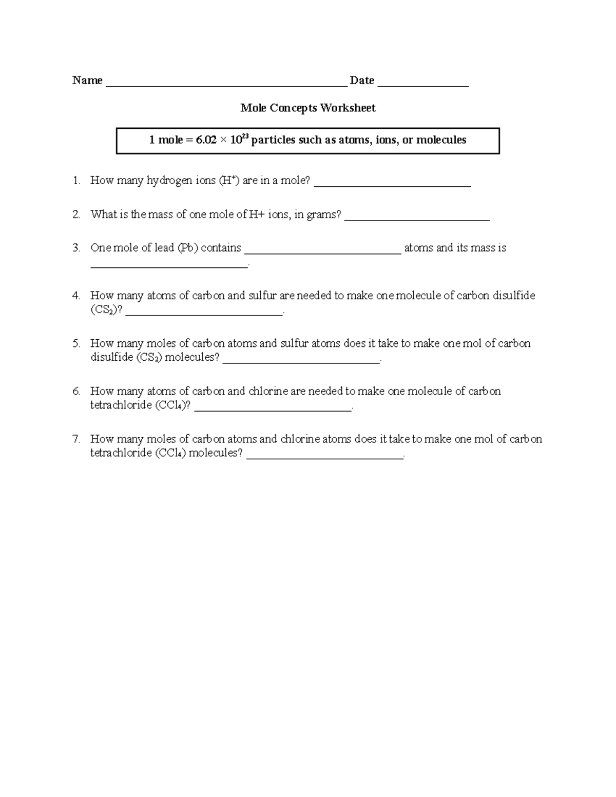 Mole Concepts Worksheet and KEY - Name ...