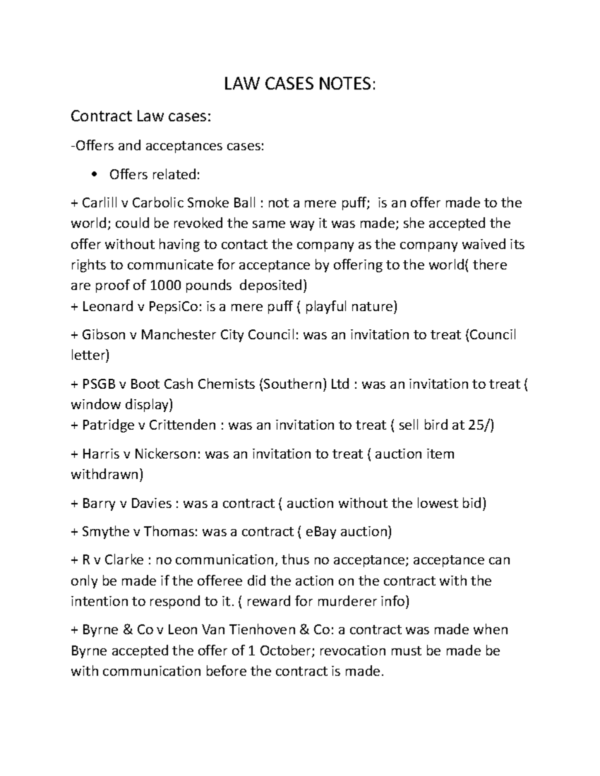 LAW Cases Notes for Contract Law only - LAW CASES NOTES: Contract Law ...