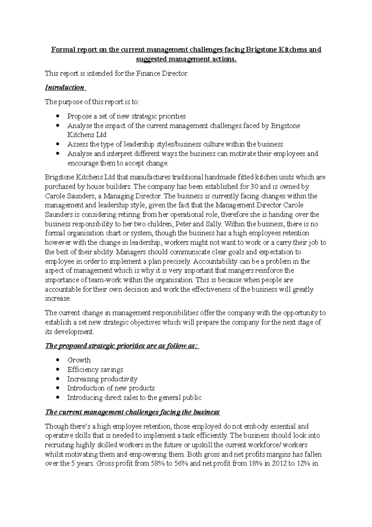 Formal report on the current management challenges facing Brigstone ...