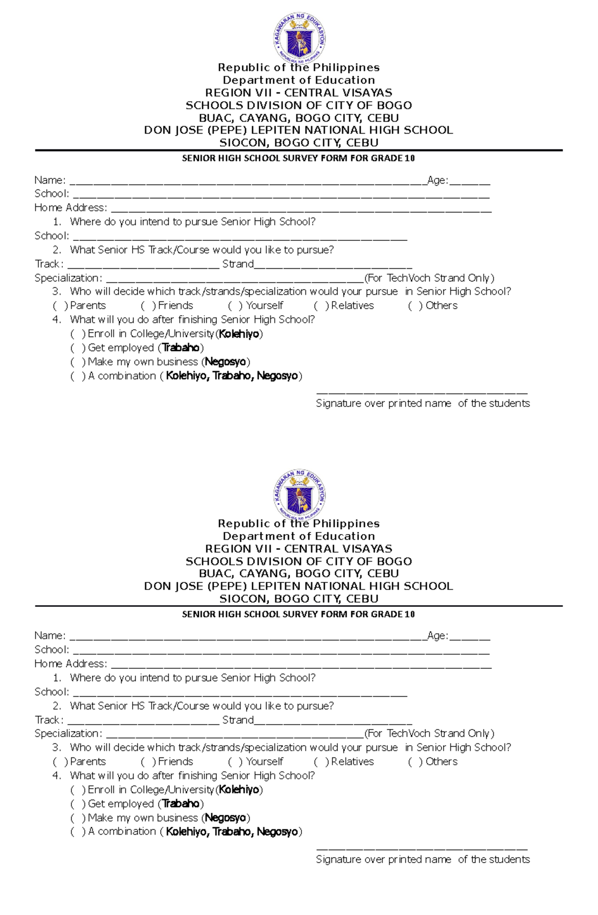 Survey Form - Republic of the Philippines Department of Education ...
