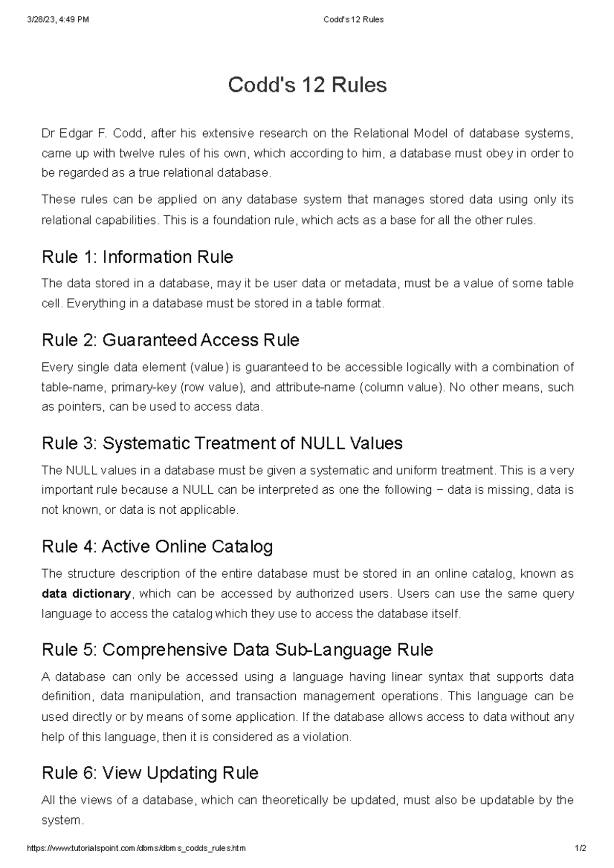 Codd's 12 Rules - 3/28/23, 4:49 PM Codd's 12 Rules tutorialspoint/dbms/dbms_codds_rules.htm 1 ...