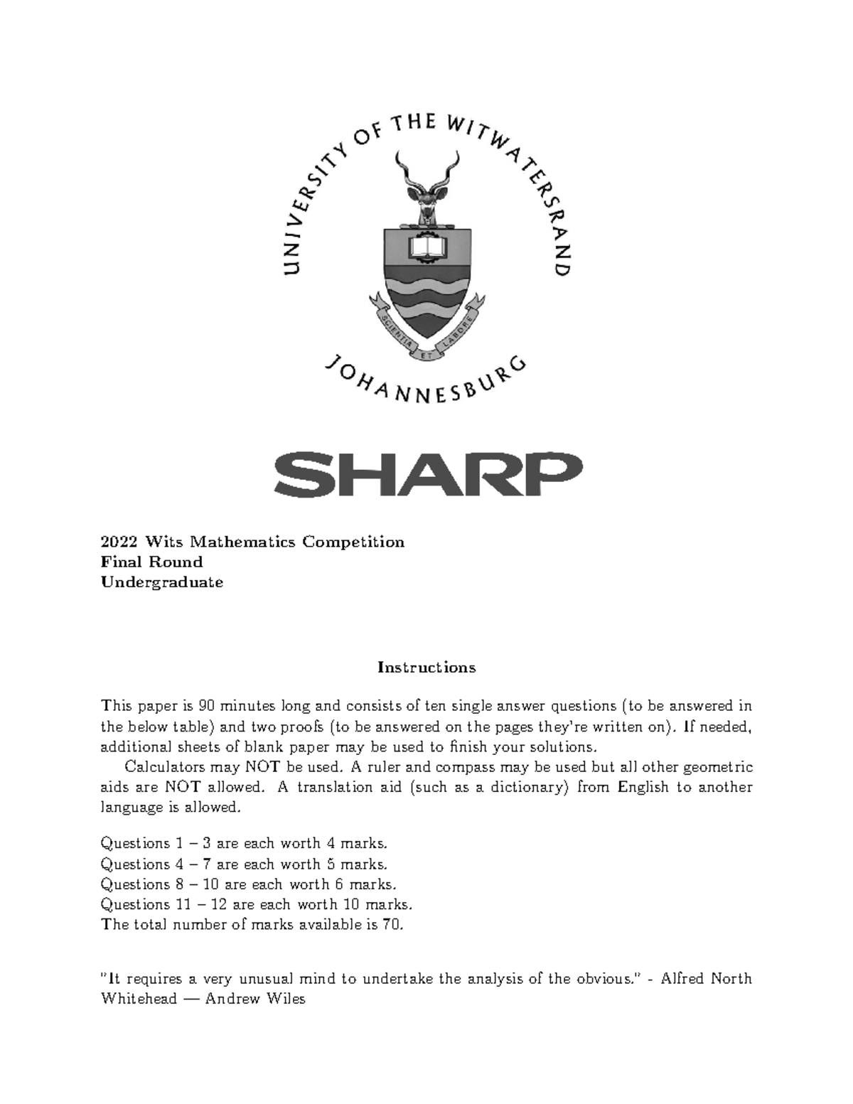 WMC 2022 UGFR - This is good for practice - 2022 Wits Mathematics ...