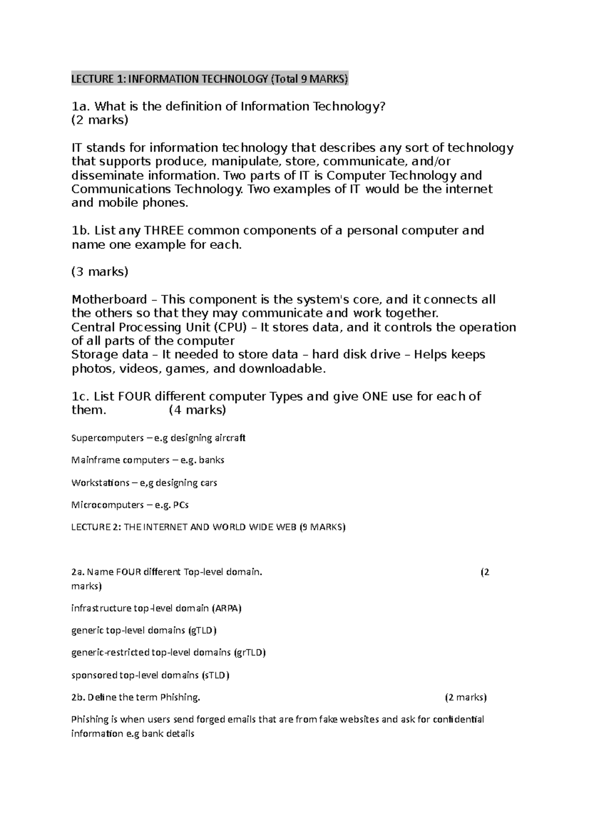 IT Final Exam Answer Book - LECTURE 1: INFORMATION TECHNOLOGY (Total 9 ...