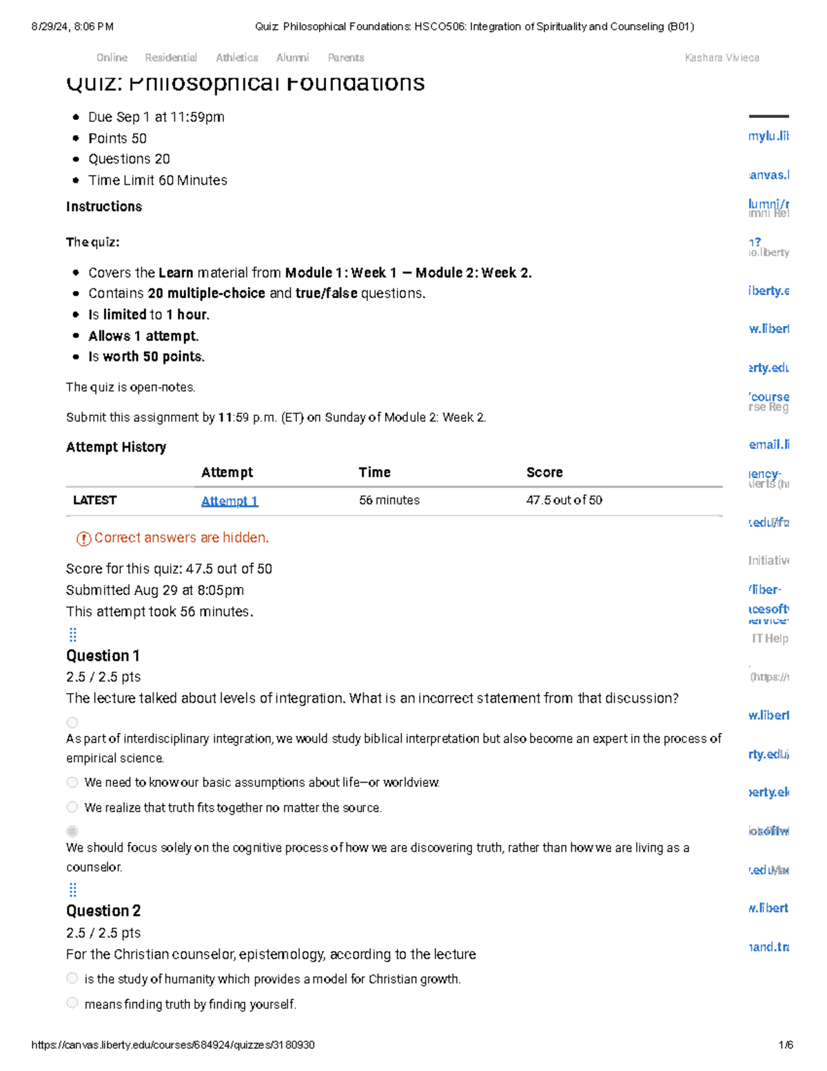 Quiz Philosophical Foundations HSCO506 Integration of Spirituality and ...
