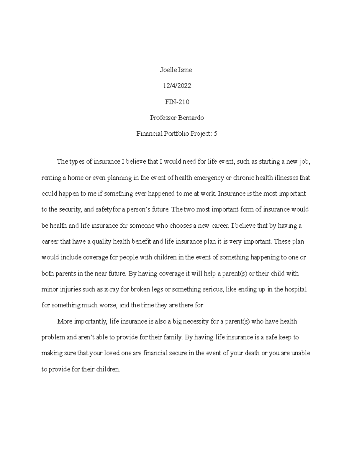 Financial Portfolio Project 5 - Joelle Isme 12/4/ FIN- Professor ...
