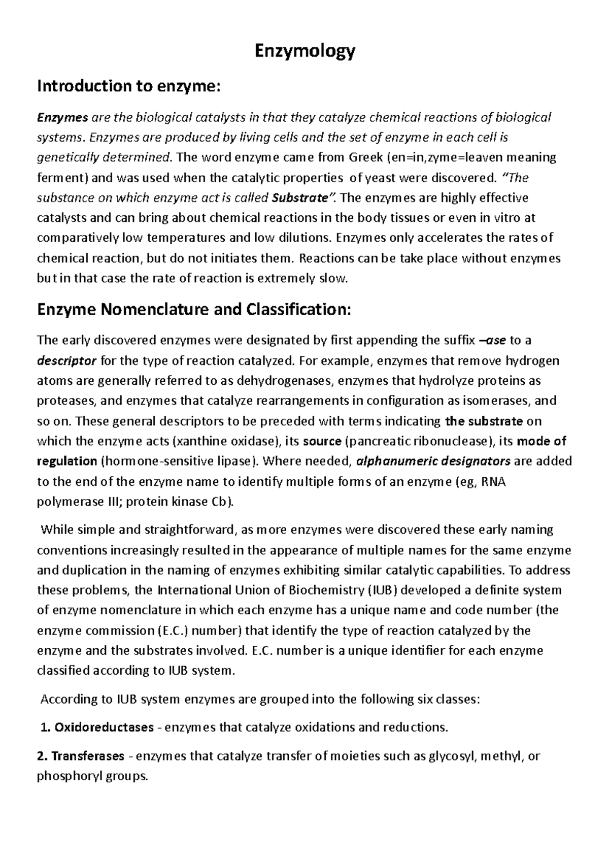 Enzymology - Enzymology Introduction to enzyme: Enzymes are the ...