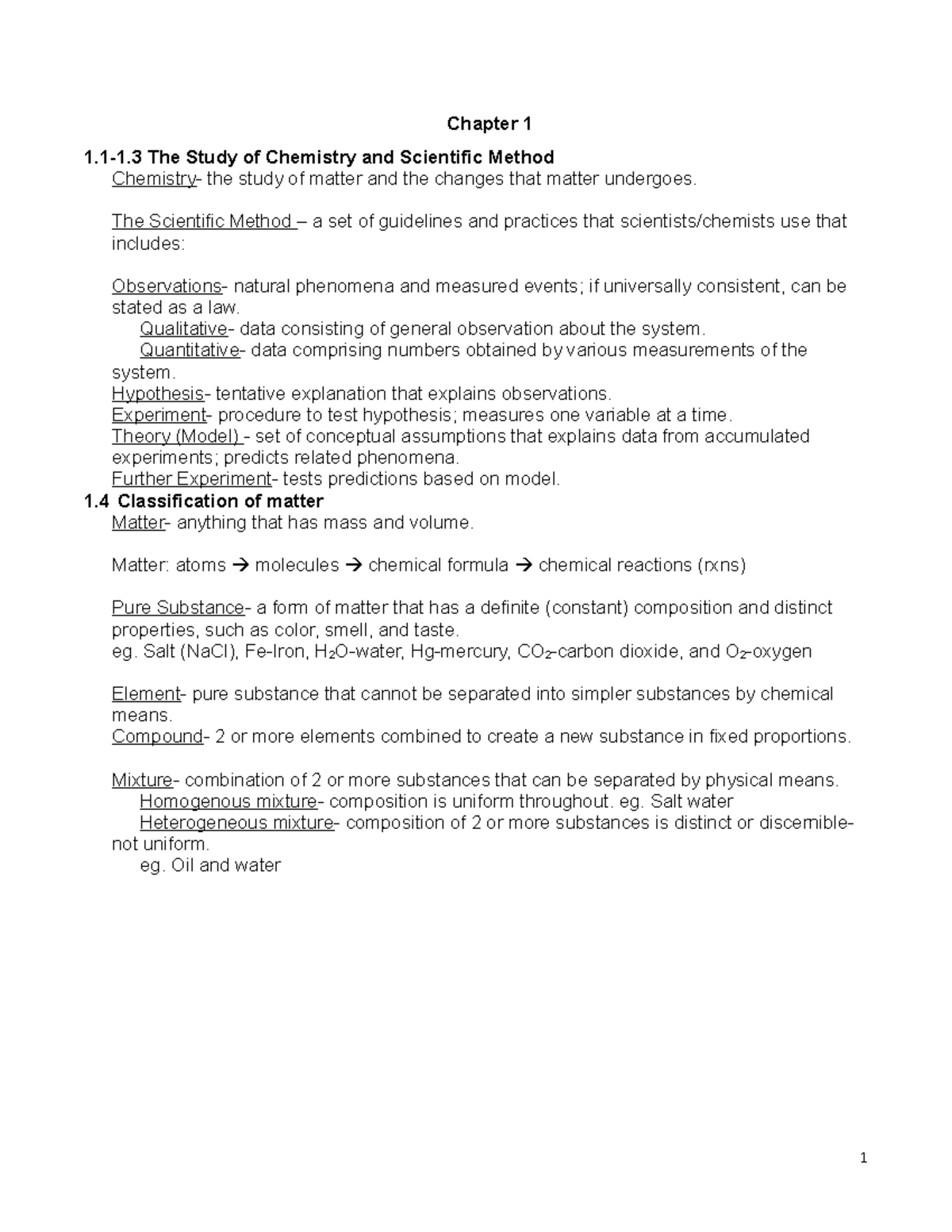 Chapter 1 Notes A - Chapter 1 1.1-1 The Study of Chemistry and ...