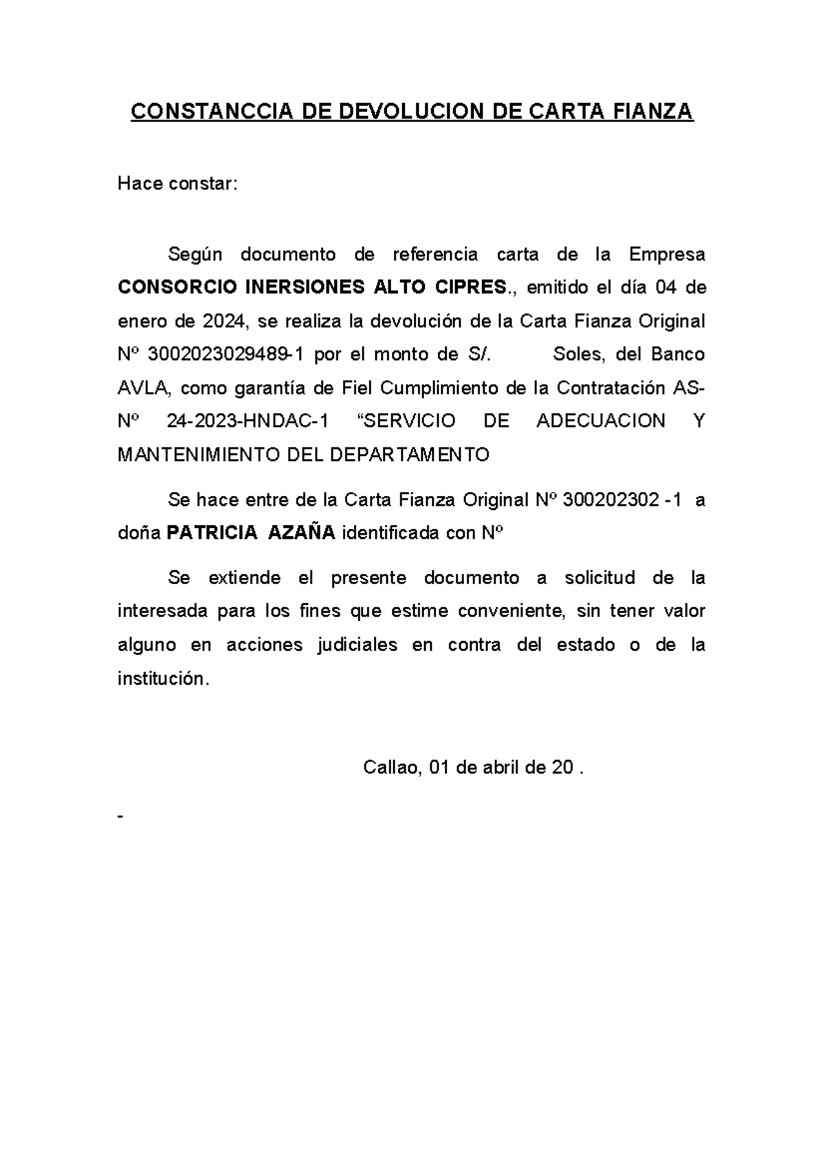 Constanccia DE Devolucion DE Carta Fianza - CONSTANCCIA DE DEVOLUCION DE CARTA FIANZA Hace ...