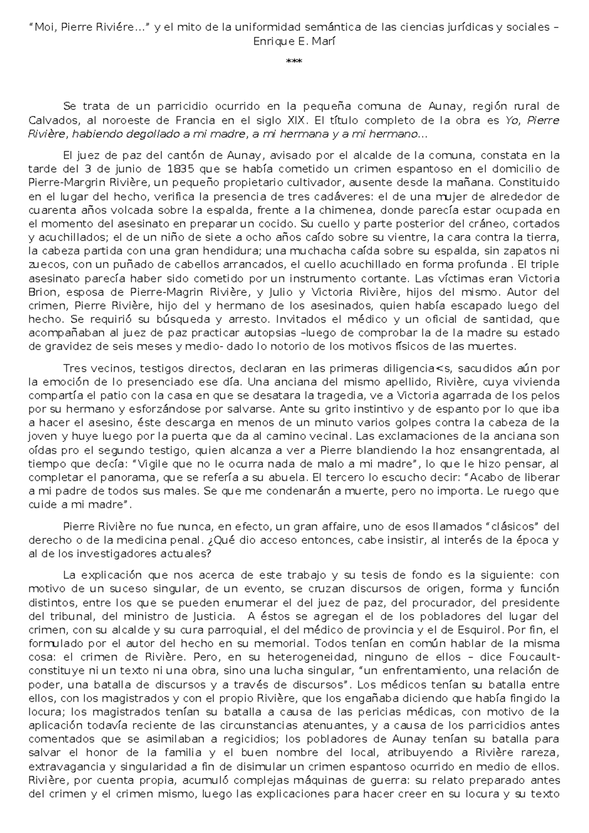 Actividad Introd - Caso Pierre Riviere - “Moi, Pierre Riviére...” y el ...