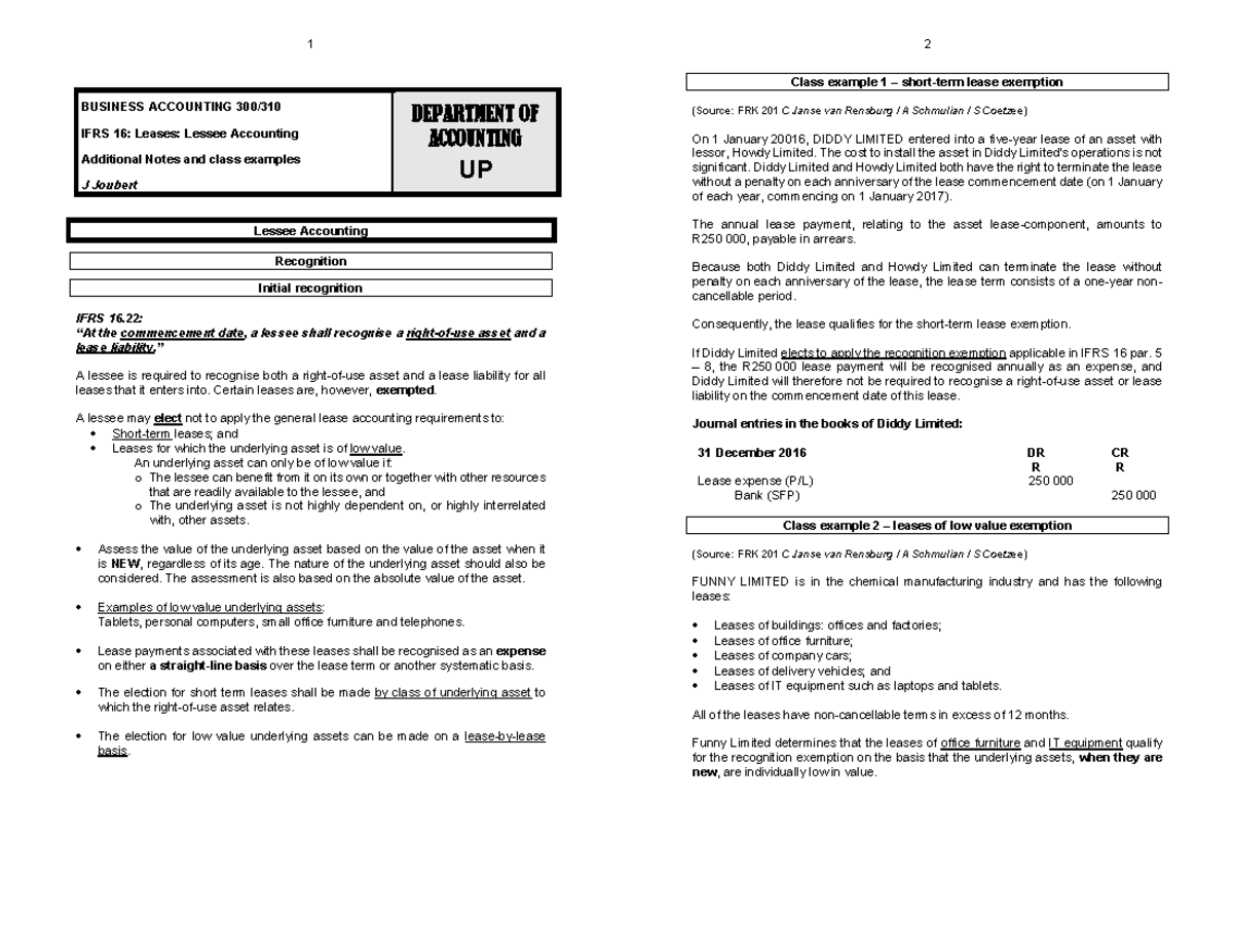 IFRS 16 Lessees Further Notes And Class Examples 2022 BUSINESS