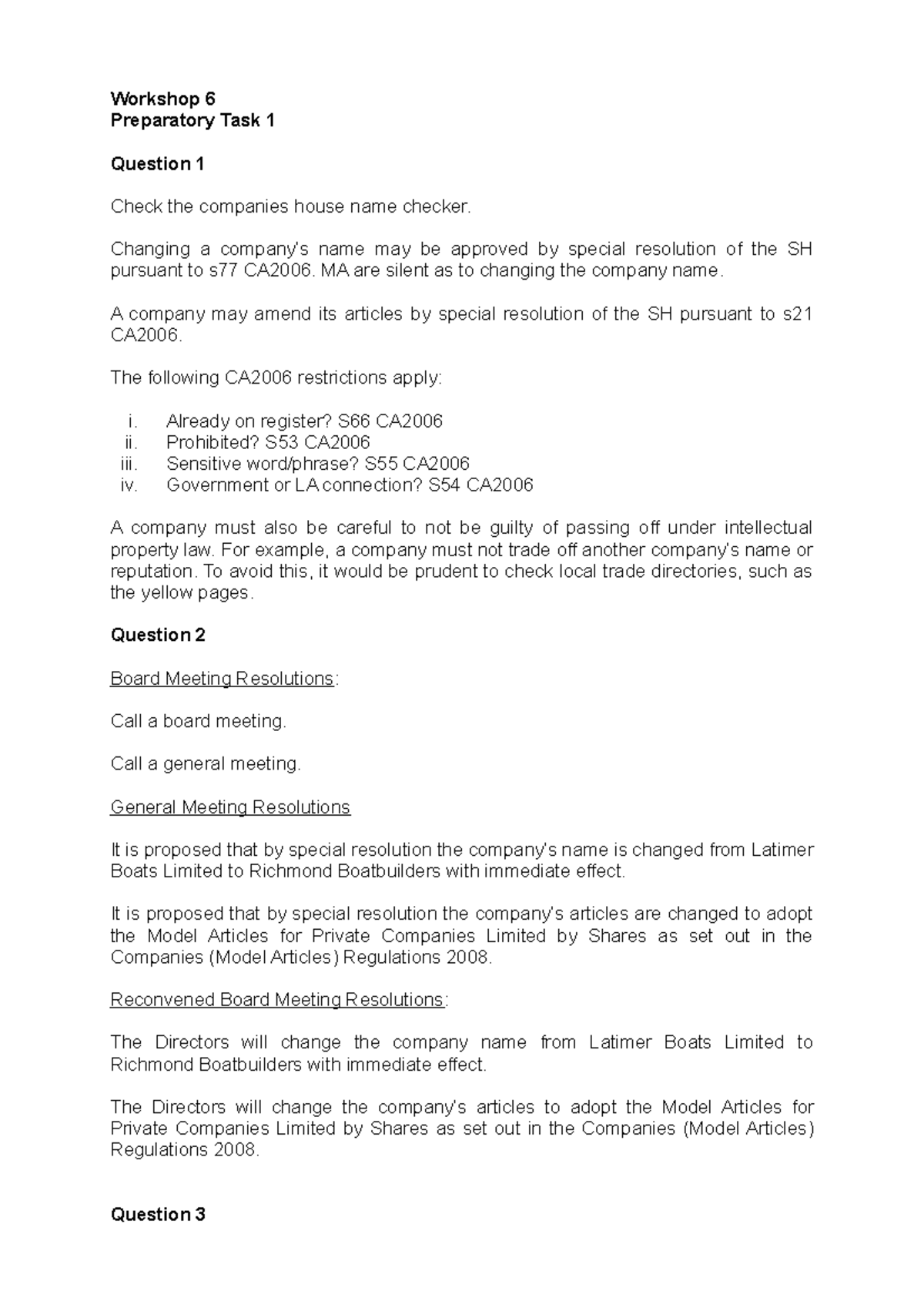 BLP - Company Constitutions - Tasks - Workshop 6 Preparatory Task 1 Question 1 Check the ...